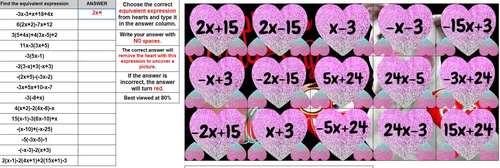 Valentines Day Equivalent Expressions Distributive Property Combining ...