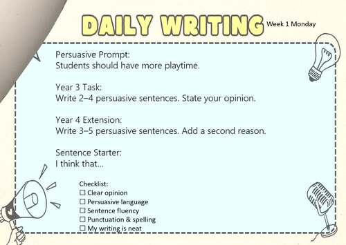 Daily Writing Prompts- 10-minute Warmups- Persuasive Year 3 & 4 ...