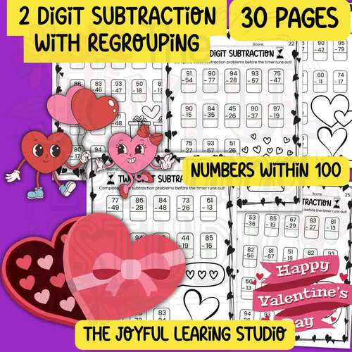 Valentine’s Day 2-Digit Subtraction Worksheets with Regrouping | TPT