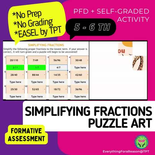 Simplifying Fractions Self-graded Activity with a Puzzle + PDF + EASEL