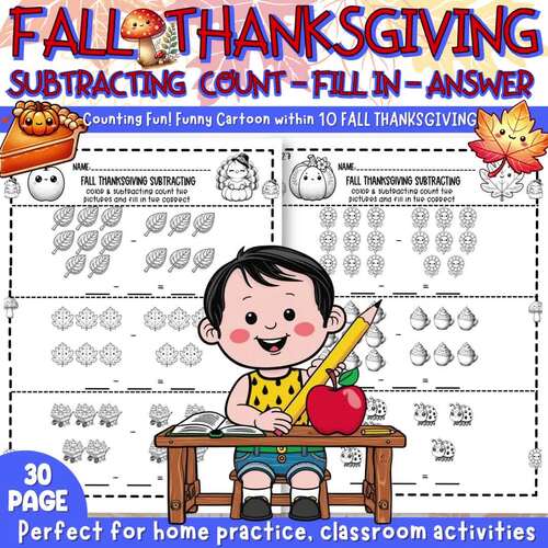 Fall Thanksgiving Subtraction Within 10, Color Count and Fill in Missing