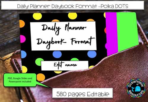 Daybook Planner for Teachers- BLACK POLKA DOTS PDF I GOOGLE SLIDES I PPT