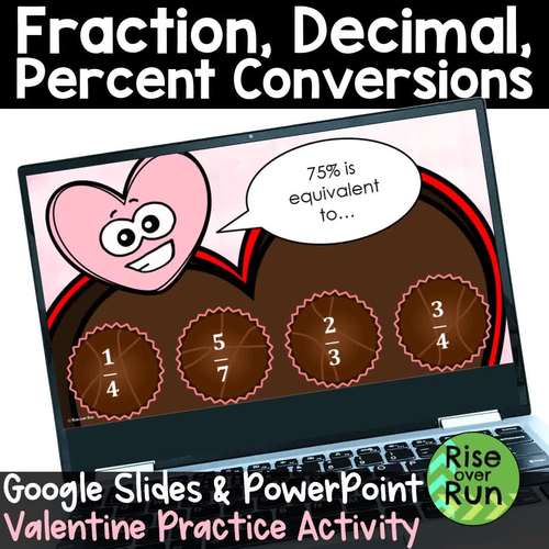 Digital Fraction Decimal Percent Practice Activity for Valentine's