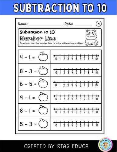 Number Line Subtraction to 10 | No Prep Math fact fluency Worksheet
