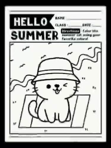 HELLO SUMMER COLORING PAGES FOR KIDS | FOR Pre-K - Grade 6 | CUTE CAT THEME