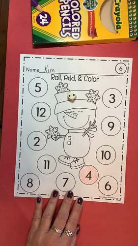 Snowman Addition Worksheets Grades K-2/No Prep Centers/Roll Add Color ...