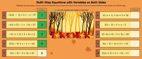 THANKSGIVING Solving Multi Step Equations - Digital Pixel Art Mysteries!