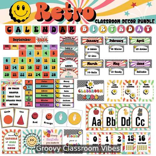 Groovy Retro Classroom Decor Bundle | Printable 70s Vintage Classroom Theme