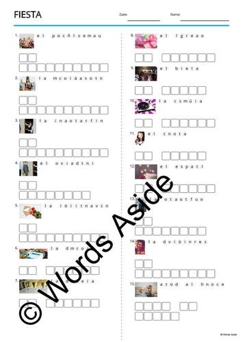 Spanish Vocabulary Writing Spelling Worksheets Crossword Anagram PARTY