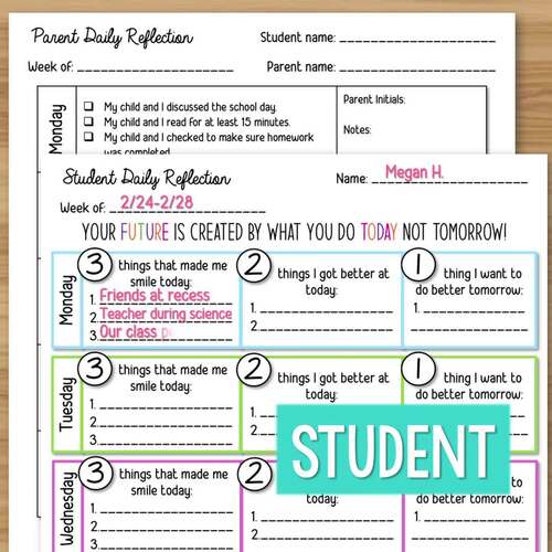 Daily/Weekly Reflection Forms (Students & Parents) | TPT