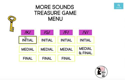 Articulation Boom™ CardsTreasure Game k g f v Cariboo™ Style Game Speech
