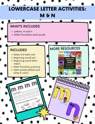 Lowercase Letter Phonics and Handwriting Activities: m and n by Ms Beh in K