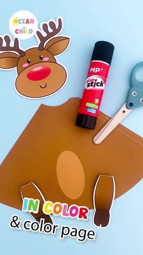 DIY Printable Rudolph Reindeer Craft, Color Cut Glue Reindeer Puppet ...