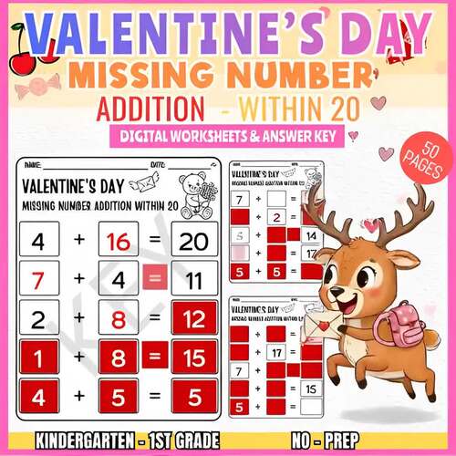 Valentine’s Day Missing Number Addition Within 20 – No Prep Math Worksheets