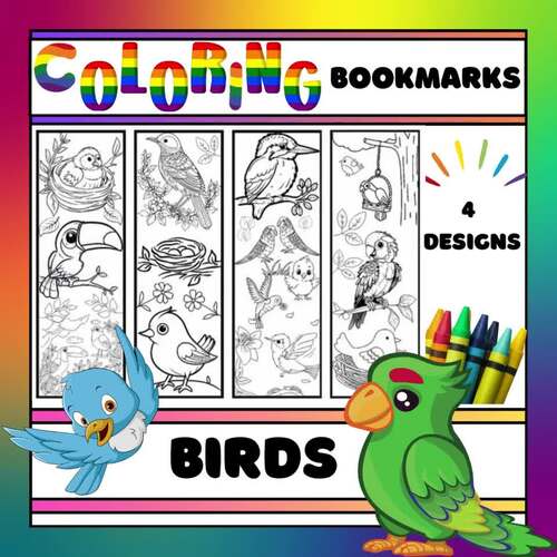Birds, Coloring Bookmarks, 4 Designs, Library Activity, Craft Fun