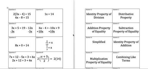Justifying Steps in Solving Equations Quiz Quiz Trade Cards | TPT