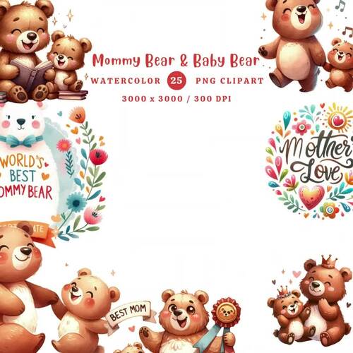 Mommy Bear and Baby Bear Watercolor Clipart PNG by Adorable Clipart