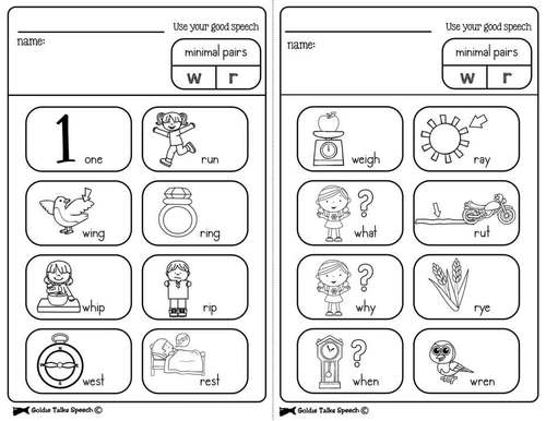 Minimal Pairs W vs. R Half Page Homework | Articulation | Speech Therapy