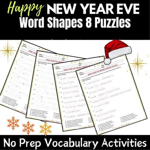 New Year Eve Word Shapes 8 Puzzles Vocabulary & Spelling Activities ...