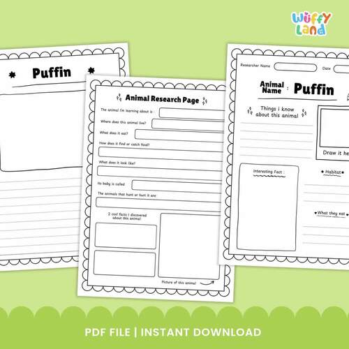 Puffin Animal Research Project - Arctic Animals Science Report & Worksheets