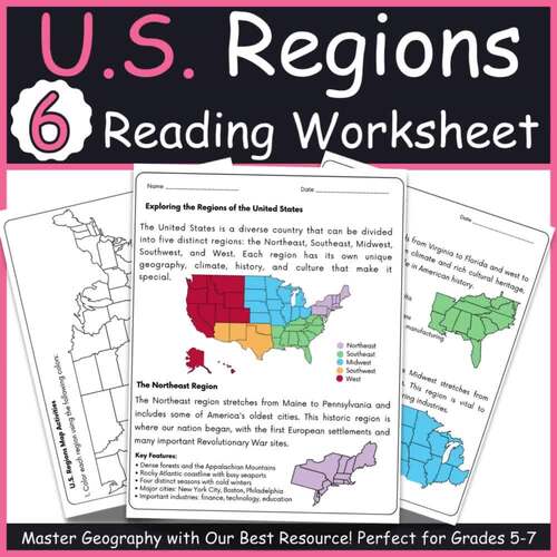 5 regions of the united states Worksheets- US Geography Reading ...