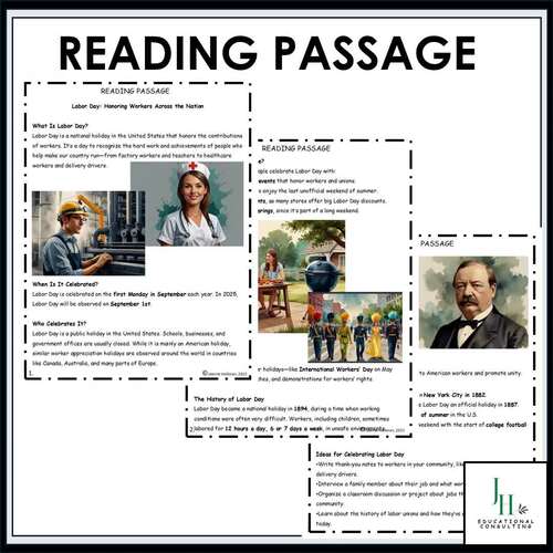 Labor Day Reading Comprehension Activities | Middle | September Worksheet