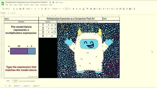 Google Sheets Pixel Art Multiplication Expression as a Comparison TEKS 3.5C
