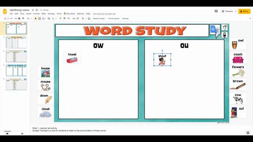 Digital Word Study | Vowel Diphthong OW and OU | Google Slides | ESL