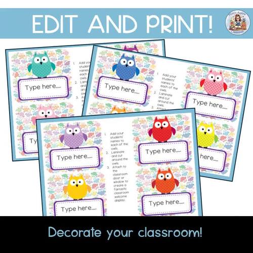 Colourful Owls Classroom Décor, Welcome Display Sign and Name Tags