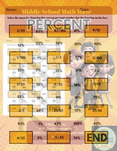 PERCENTS * Math Maze Puzzle * 5TH/6TH Grade Middle School Math Worksheets