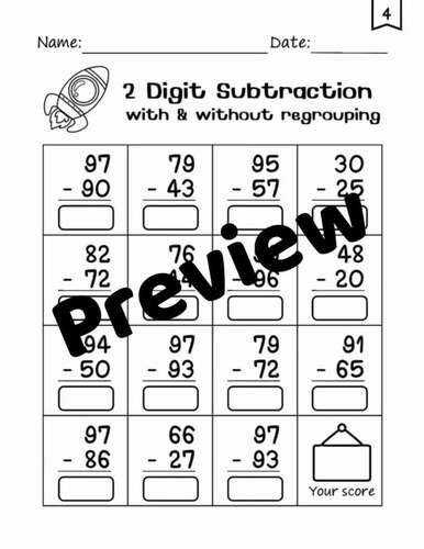 2 Digit Subtraction Worksheets | Space Theme | With & Without Regrouping
