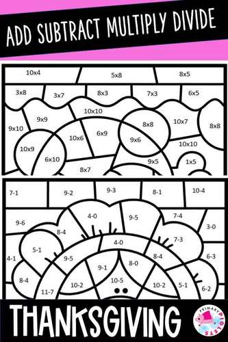 THANKSGIVING COLOR BY NUMBER CODE ADDITION & SUBTRACTION MULTIPLICATION SET