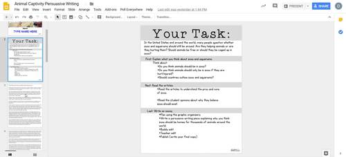 Persuasive Writing Project for Google Classroom: Animal Captivity
