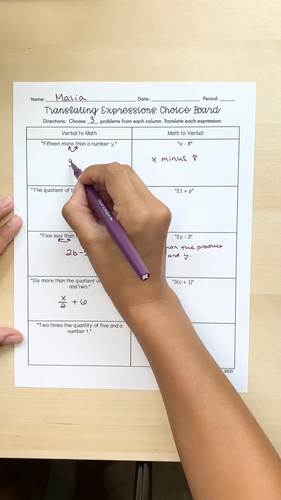 Translating Algebraic Expressions Worksheet Choice Board by Math with ...