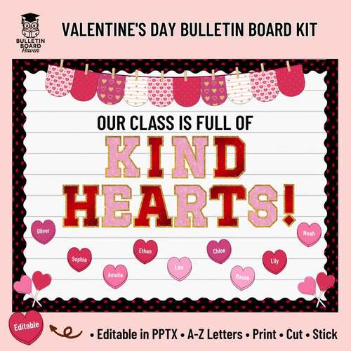 Valentine's Day Bulletin Board Kit | Kind Hearts Classroom Decor | Editable