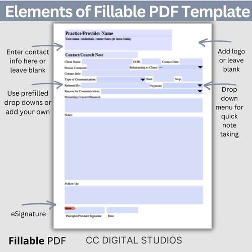 Client Contact Note, Therapy Consultation Contact Note, Fillable PDF