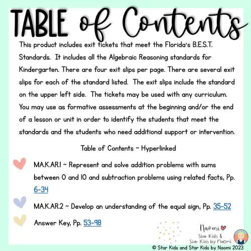 EXIT TICKETS | ALGEBRAIC REASONING - Florida's B.E.S.T. Standards | KG