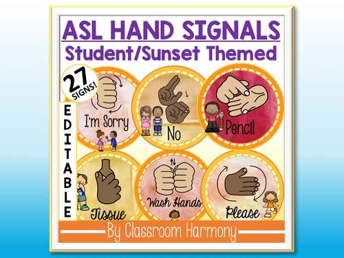 Classroom Hand Signals: Student, Sunset, Watercolor, Editable Sign Language