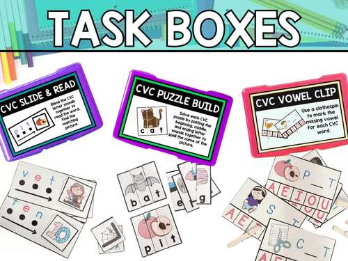 CVC Word Task Boxes, Phonics Centers, Early Literacy, CVC Activities