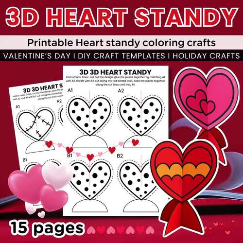3D Heart Standy Craft Templates, DIY Valentine’s Day Coloring ...
