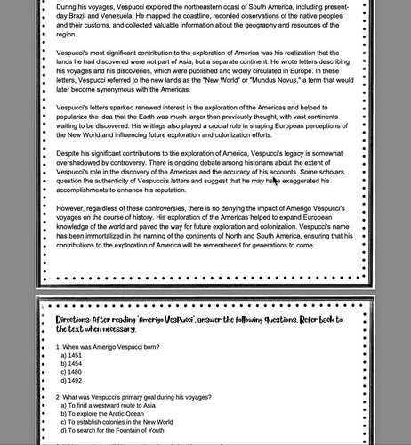 Amerigo Vespucci Reading Passage & Worksheet | Comprehension & Writing ...