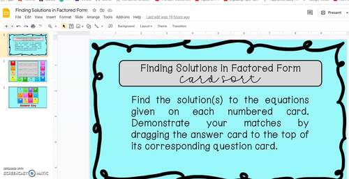 Finding Solutions in Factored Form Card Sort | PAPER & DIGITAL by Math Stop