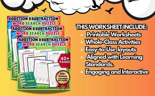 Fun Addition and Subtraction Math Wordsearch 3rd,4th,5th,6th,7th,8th ...