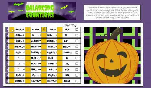 Balancing Equations Self Checking Worksheet for Halloween by JayZee