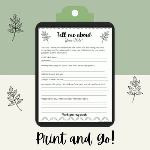 Tell me about your Child! Questionnaire/Parent Form Tropical Leaves Theme