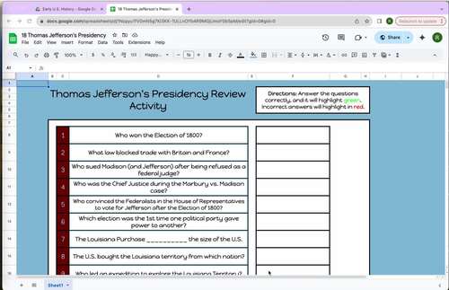 President Thomas Jefferson Interactive Google Sheets Digital Game Activity