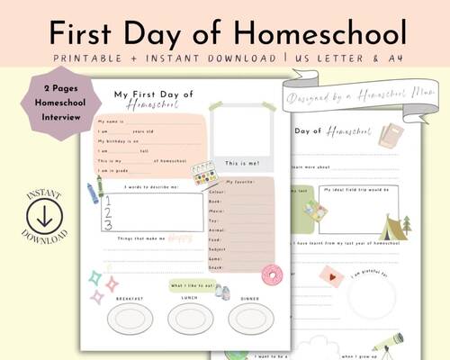 First Day of Homeschool All About Me Worksheet Back to School Activities
