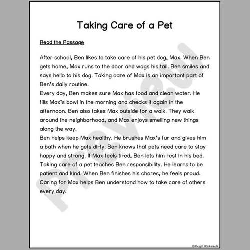 Taking Care of a Pet Reading Comprehension | Grade 2–3 | No Prep Print & Go