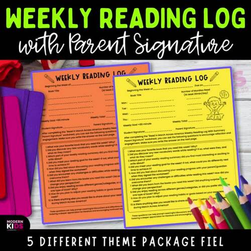 Weekly Reading Log with Parent Signature - 5 Different Themes | TPT