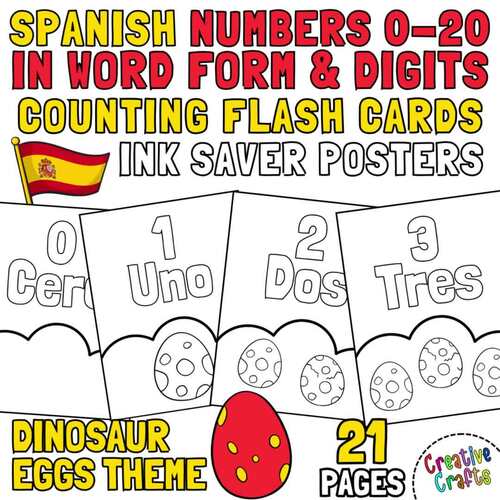 Spanish Black & White Flashcards Counting Numbers 0-20 With Dinosaur ...